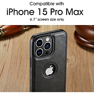 Casus Designed for iPhone 15 Pro Max Case Vegan Leather Slim Logo View Classic Luxury Elegant Thin Protective Cover (2023) 6.7" (Black)