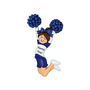 Cheerleader Ornament Personalized Cheer Christmas Ornament 2023 Cheerleader Gifts for Girls Pom Pom Ornament, Cheer Leader Ornament, Cheer Gifts for Team Coach - Brunette Cheerleader Blue Costume
