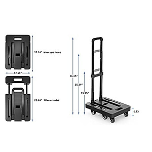 Mount Plus A3 Folding Hand Truck, 6 Wheels Fold Up Hand Cart with 2 Elastic Ropes, Portable 500lbs Capacity Heavy Duty Luggage Cart, Utility Dolly Platform Cart for Car, House and Office