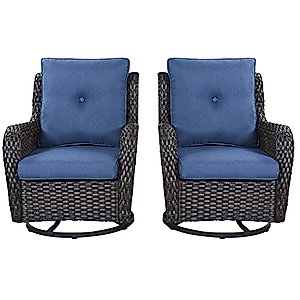 Rilyson Wicker Rocking Chair Swivel Chairs - 2 Piece Rocker Patio Chairs Set Rattan Rocking Chair for Outdoor Porch Deck Garden Backyard (Brown/Blue)