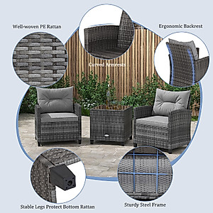 KOTEK 3 Piece Patio Furniture Set, Outdoor PE Rattan Conversation Set with Washable Cushions & Tempered Glass Tabletop, Wicker Chairs and Table Set for Porch, Garden, Balcony (Grey)