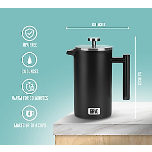 French Press Coffee Maker 34oz - set of 2 Double-Wall Insulate Glass 12oz - Tea Press Insulated Stainless Stainless French Press - 2 Extra Filters - Black Coffee Press