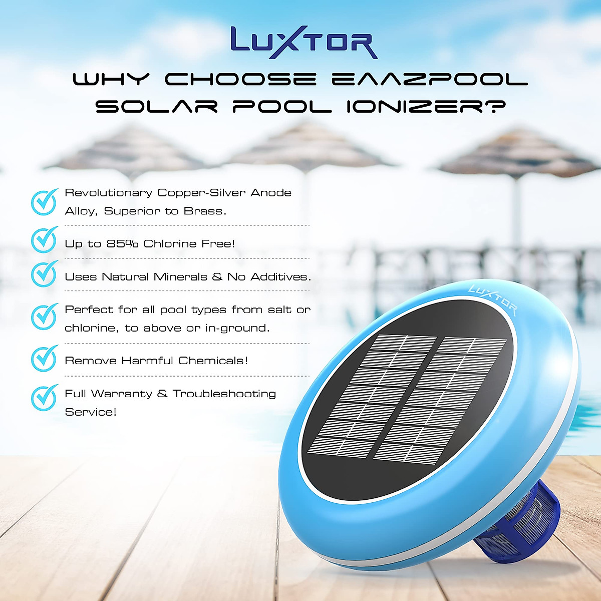 LUXTOR Solar Pool Ionizer, Cleaner, and Purifier Restores Clear, Chlorine-Free Water, Long Lasting Anode for 35,000 Gallons, Natural Shock for Swimming Areas, Smart Replacement