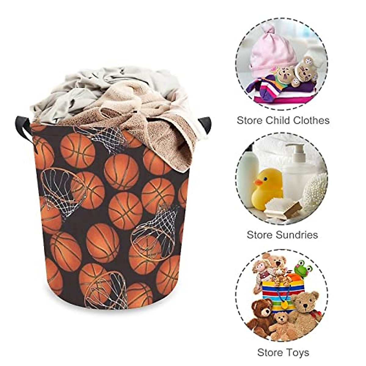 Basketball Sport Large Laundry Basket Hamper Bag Washing with Handles for College Dorm Portable