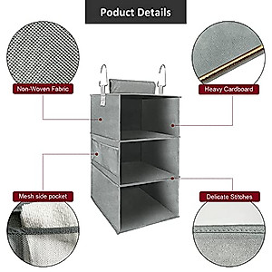 Vaisoz 3-Shelf Hanging Closet Organizers and Storage, Hanging Shelves for Closet Storage 2 Packs, Foldable Hanging Closet Shelves Clothes Organizer Grey