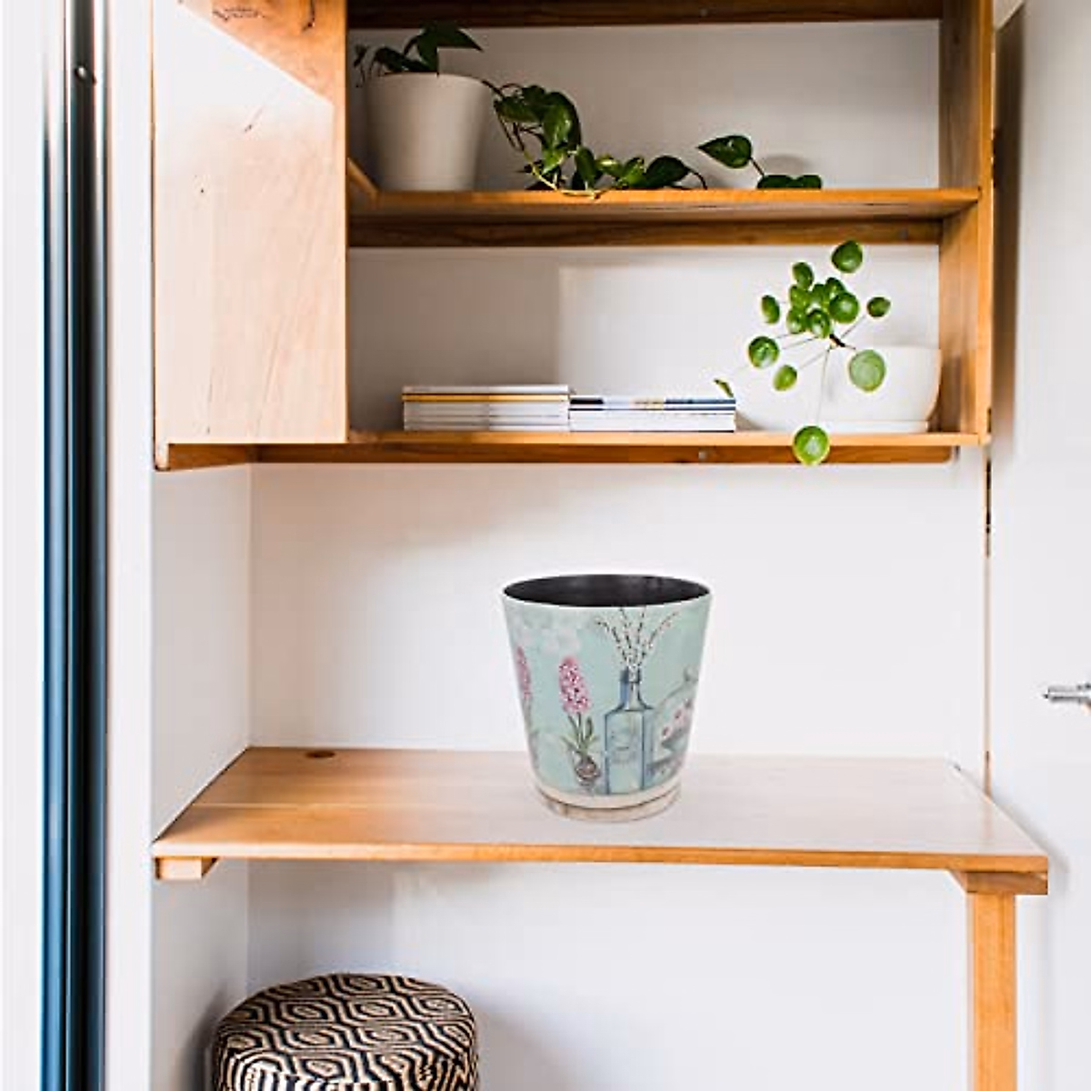 Zerodeko Small Trash Can, 10L/2.64 Gallon PU Leather Wastebasket Retro Decorative Waste Bin with Flower Patterned, Garbage Container for Bathroom, Bedroom, Kitchen, Home, Office