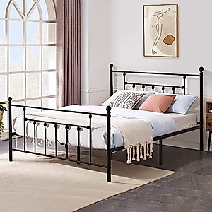 VECELO Queen Size Metal Platform Bed Frame with Headboard and Footboard, Heavy Duty Slat Support/No Box Spring Needed Mattress Foundation/Underbed Storage Space, Victorian Style, Black