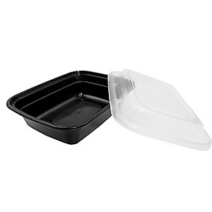 PACTOGO 12 oz. Rectangular Microwaveable Black Plastic Disposable Food Storage Container with Lids - BPA Free (Pack of 25 Sets)