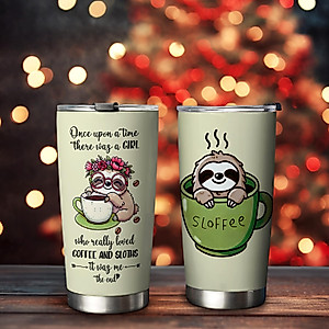 20oz Sloffee Sloth Tumbler, Gifts for Sloth Lovers, Coffee Thermos for Women, Stainless Steel Double Wall Vacuum Insulated Coffee Mug, Travel Cup with Lid