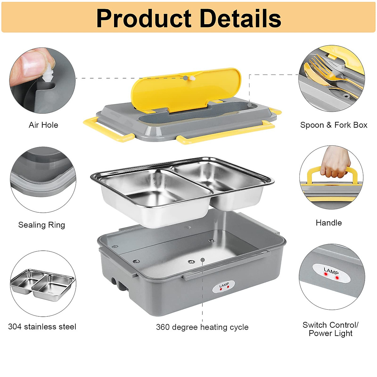 Electric Lunch Box Food Heater, 3 in 1 Food Warmer 12V 24V 110V Portable Heated Lunch Boxes for Car/Truck/Home Self Heating Box with 2 Removable 304 Stainless Steel Container, Fork & Spoon and Carry