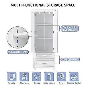Tall Storage Cabinet with 2 Drawers and Double Door for Bathroom/Office, White Freestanding Kitchen Pantry Cabinet, Bathroom Cupboard w/Adjustable Shelf, Floor Cabinet Bookcase with Door (White-ty1)