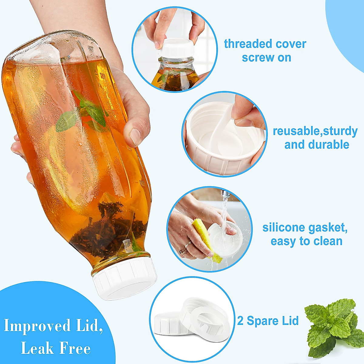 Liter Glass Milk Bottles w Scale, 100% Airtight Heavy Duty Screw Lid - 4 Pack 32 Oz Drinking Jars w Lids - Glass Bottles for Milk, Honey, Jam - Dishwasher Safe(Extra 2 Lids and Stickers)