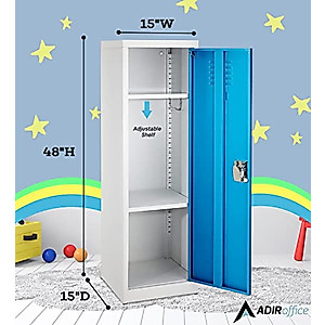 AdirOffice Kids Steel Metal Storage Locker - for Home & School - with Key & Hanging Rods (48 in 1 Door, Blue)