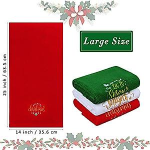 Shojoy 3 Pack Christmas Hand Towels 100% Cotton Large Size 25 x 14 Inch Christmas Theme Embroidery Towels for Christmas Home Bathroom Kitchen Decor (Red, Green, White)