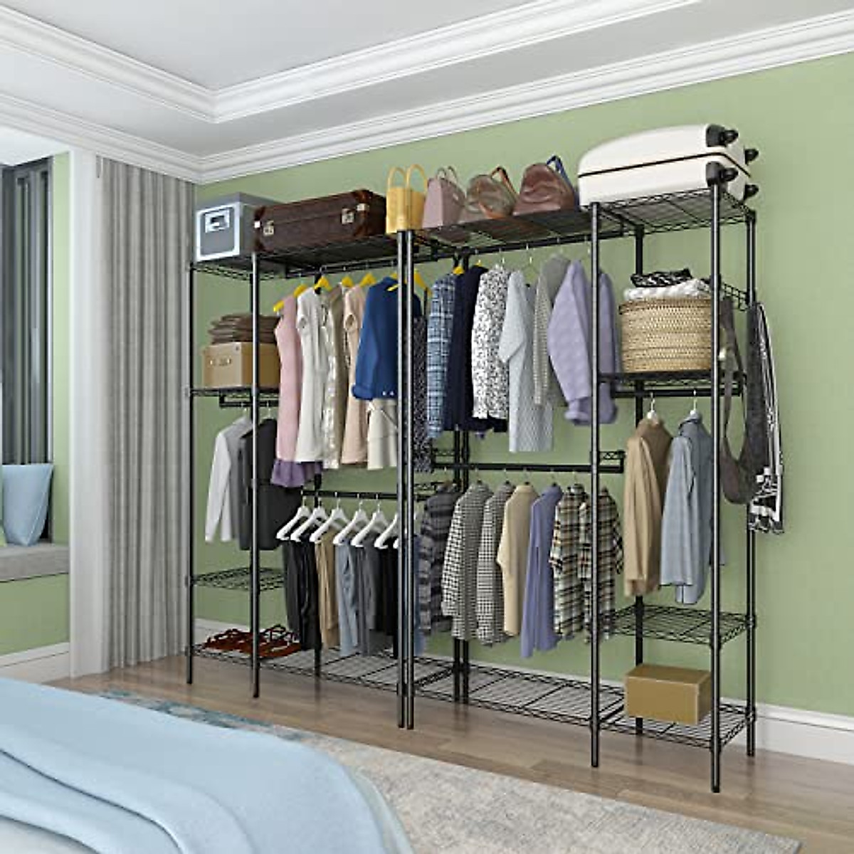 Karl home Adjustable Wire Garment Rack Set of 2, Heave Duty Clothes Rack Freestanding Closet Organizer, Clothing Wardrobe with 4 Tiers Storage Shelves 6 Hanging Rods Black Metal Frame 70.8" H