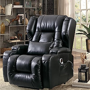 OBBOLLY Power Lift Recliner Chair for Elderly,PU Leather Heat Massage Chair Recliner with 2 Concealed Cup Holders for Living Room,Soft Lazy Single Sofa with Lumbar Pillow, Side Pockets, USB Po (Black)