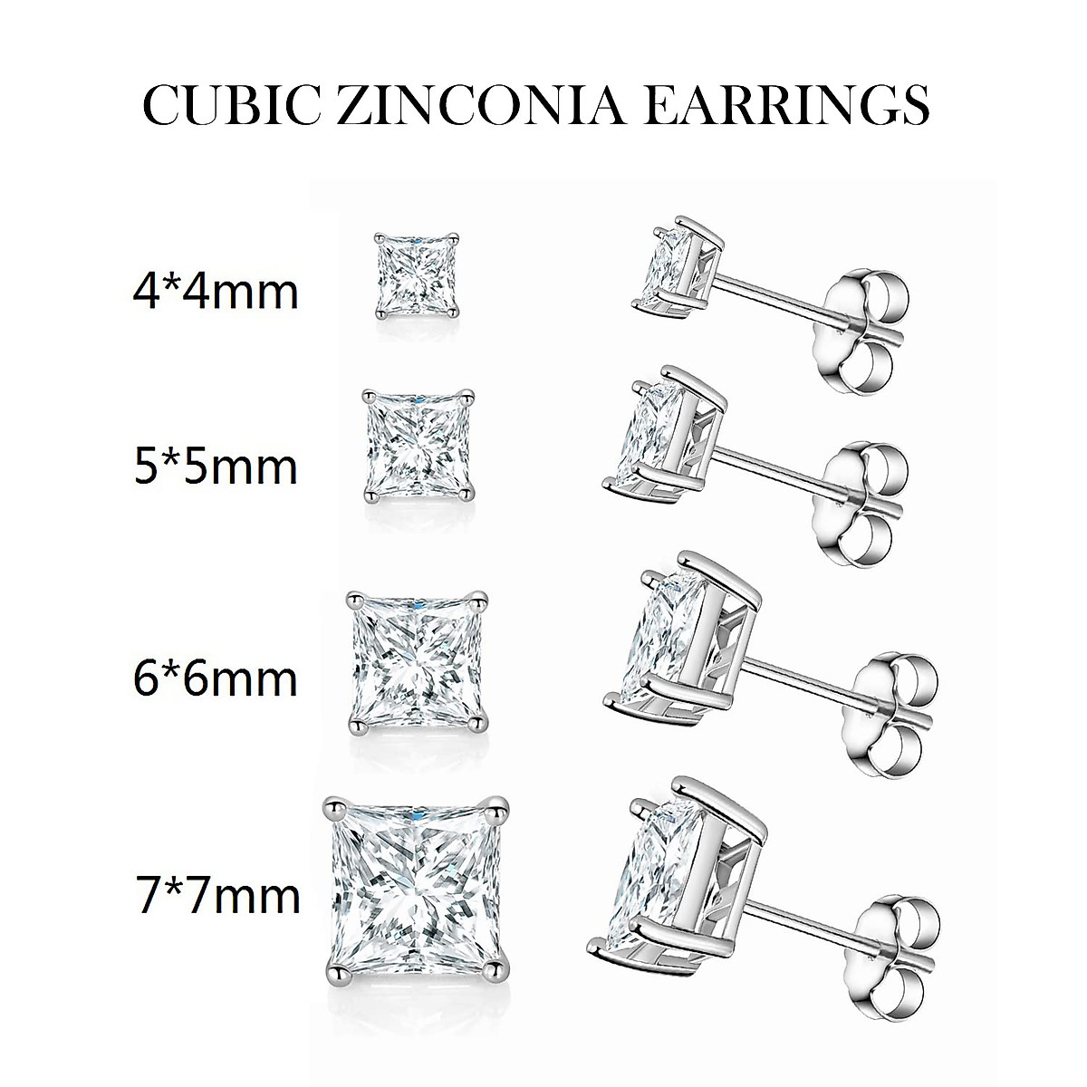 4 Pairs Real Gold Plated Square Stud Earring Set, Princess Cut Clear Cubic Zirconia Hypoallergenic Earrings Pack for Women and Men (4PCS White Earrings Set)