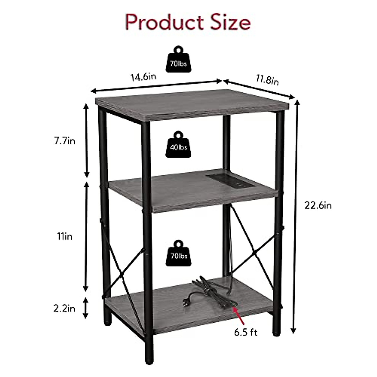 Yusong Small Side Table with Charging Station, Slim End Table for Narrow Space in Living Room,3 Tier Skinny Nightstand Bedside Table with USB Ports & Outlets for Bedroom, Grey