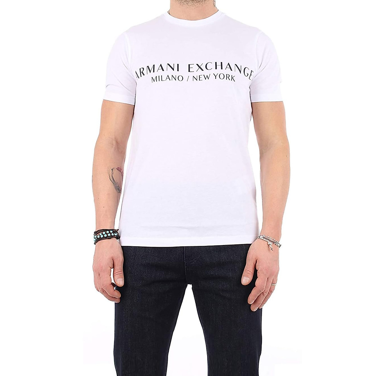 A｜X ARMANI EXCHANGE Men's Short Sleeve Milan New York Logo Crew Neck T-Shirt, White, L