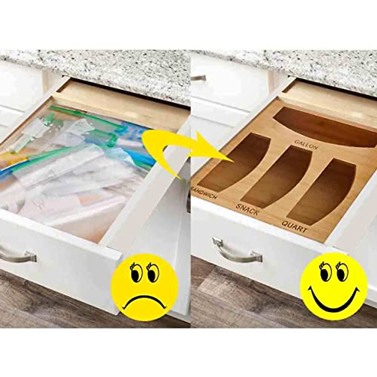 Bvalor Bamboo Ziplock Bag Storage Organizer - 4 Separate Baggie box for kitchen Drawer - Food Storage Bag - Suitable for Gallon, Quart, Sandwich and Snack - Single Piece Design