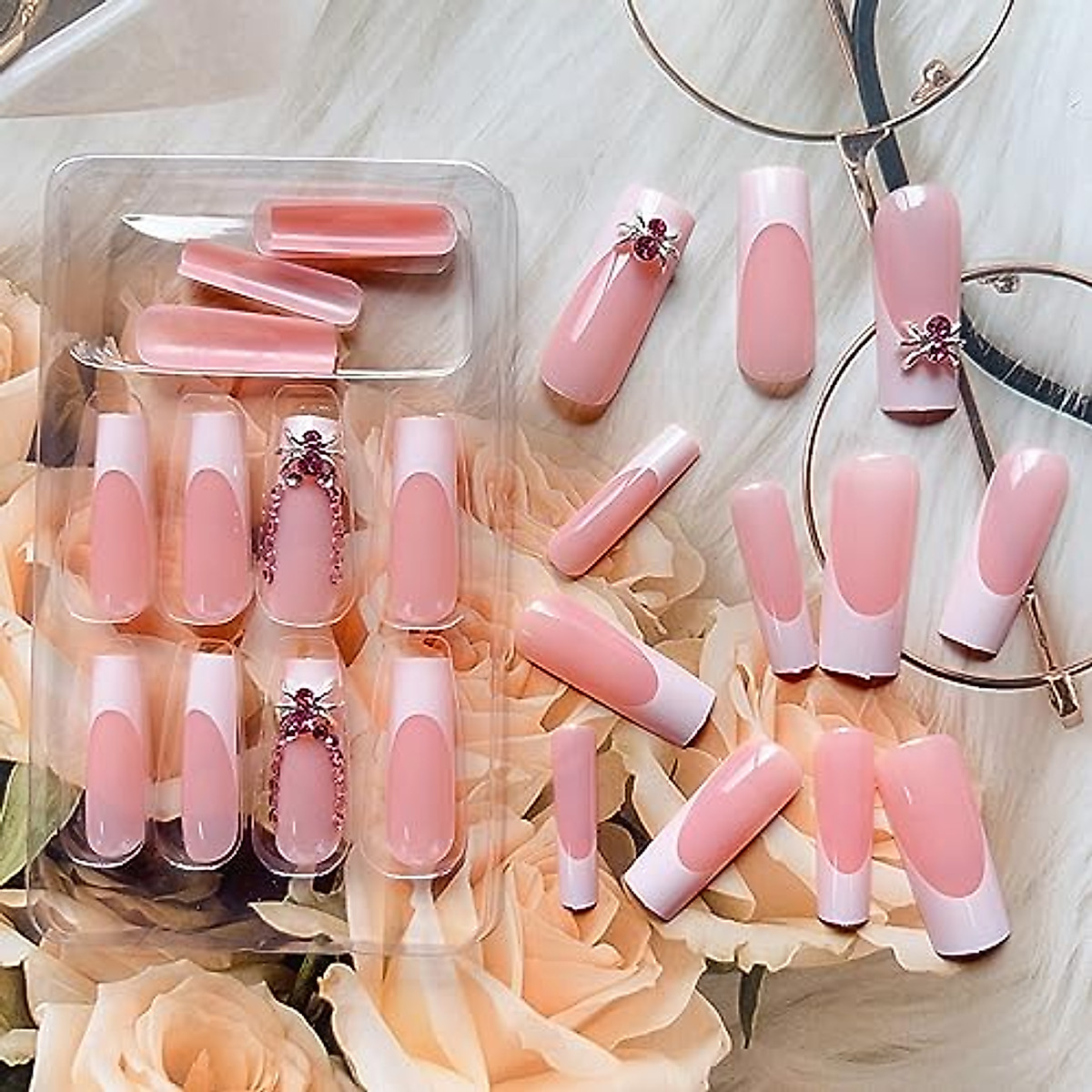 Halloween French Tip Press on Nails Long Metal Spider Glue on Fake Nails Long Square Acrylic Nails Glossy Pink White False Nail Tips Full Cover Finger Decorations Artificial Nails for Women 24Pcs