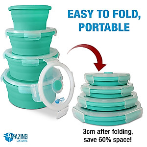 AMAZING CONTAINERS Set of 4 Silicone Collapsible Food Storage Container with Airtight Lid|Foldable Stackable Space-saving containers for Kitchen|Microwave Dishwasher and Freezer Safe