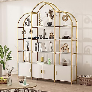 Semoic Triple Wide 5-Tier Gold Bookshelf, 70.87" L x 86.61" H Extra Bookcase with Storage Cabinet, Modern Etagere Bookcase Tall Open Display Shelf for Home Office, Gold&White