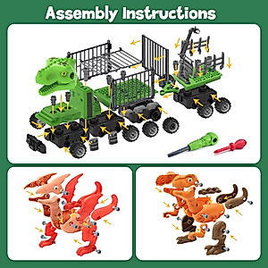skirtoy DIY Building Dinosaur Toys for Kids, Take Apart Dinosaur Transport Truck with Playmat, 2 Dinosaur Toy, 4 Dino Figures, 2 Tools, Dinosaur Construction Playset Birthday Gift for Boy Girl