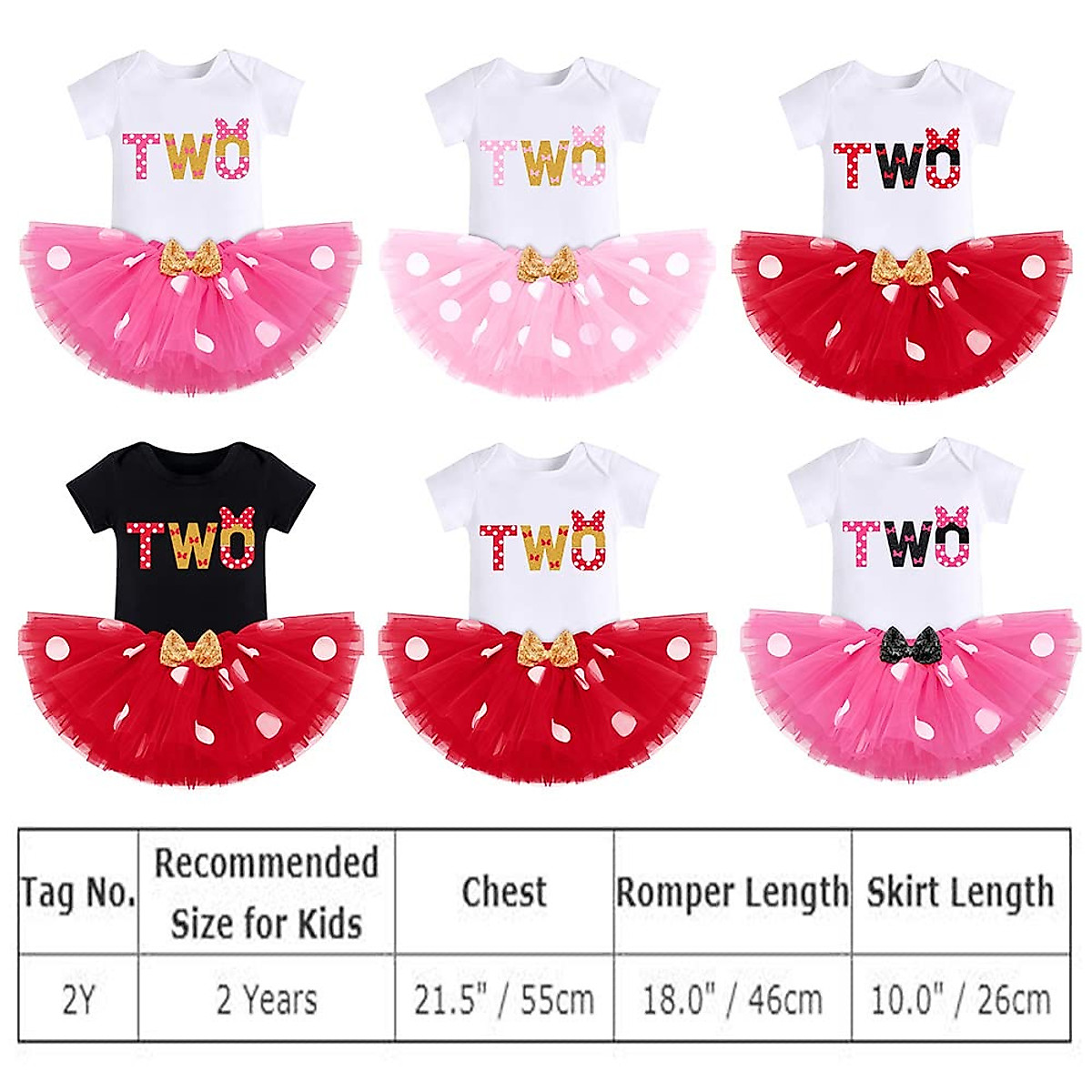 Mouse 2nd Birthday Outfits Baby Girls Short Sleeve Romper Polka Dots Mini Tutu Skirt Headband 2 Years Old Cake Smash Photo Props I’m Two 1st First Second Birthday Party Supply Clothing Set Hot Pink 2T