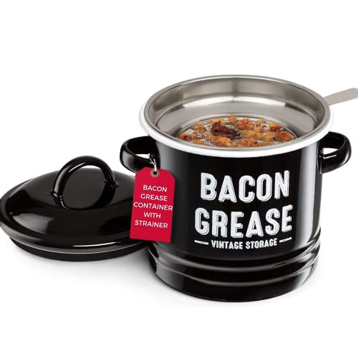 Granrosi Bacon Grease Container with Strainer - 36OZ Stainless Steel Bacon Grease Saver with Airtight Lid; Farmhouse Style Strainer - Black