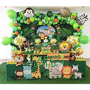 Toddler Jungle Theme Balloon Arch Kit for 1 Year Old Baby Boy Girl, Green Happy Birthday Banner Balloons Garland, Safari Shower Party Supplies Decorations - 64pcs