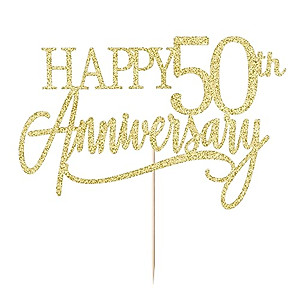 Happy 50th Anniversary Cake Topper,Gold Glitter 50th Birthday， 50Anniversary Party Decoration Supplies，Wedding Anniversary Party Decoration