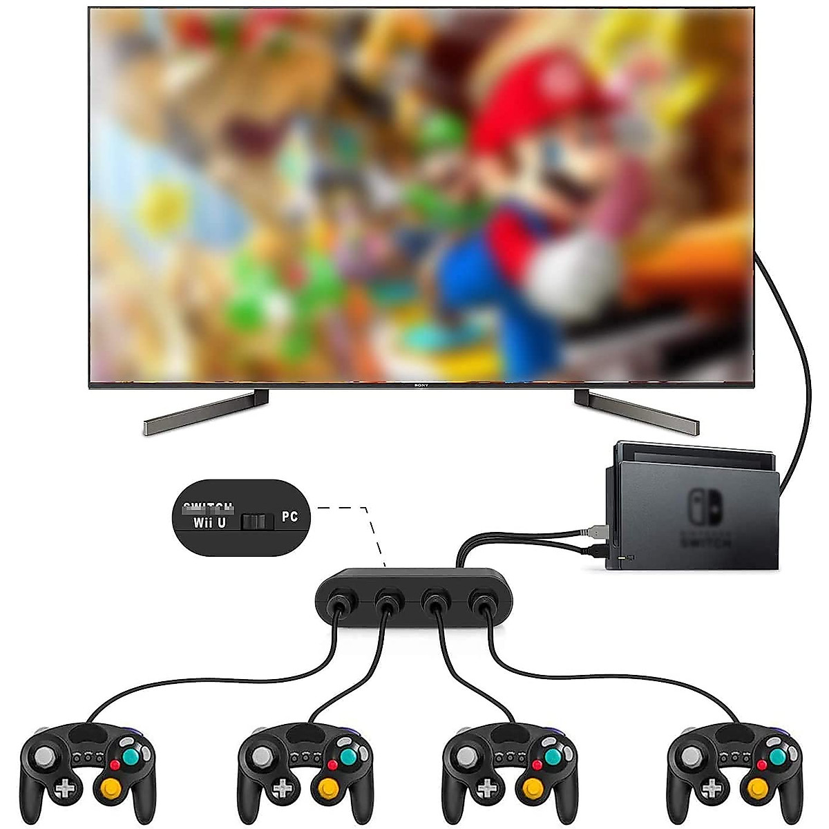 Y Team Controller Adapter for Gamecube, Compatible with Nintendo Switch, Super Smash Bros Switch Gamecube Adapter for WII U/PC with 4 Port