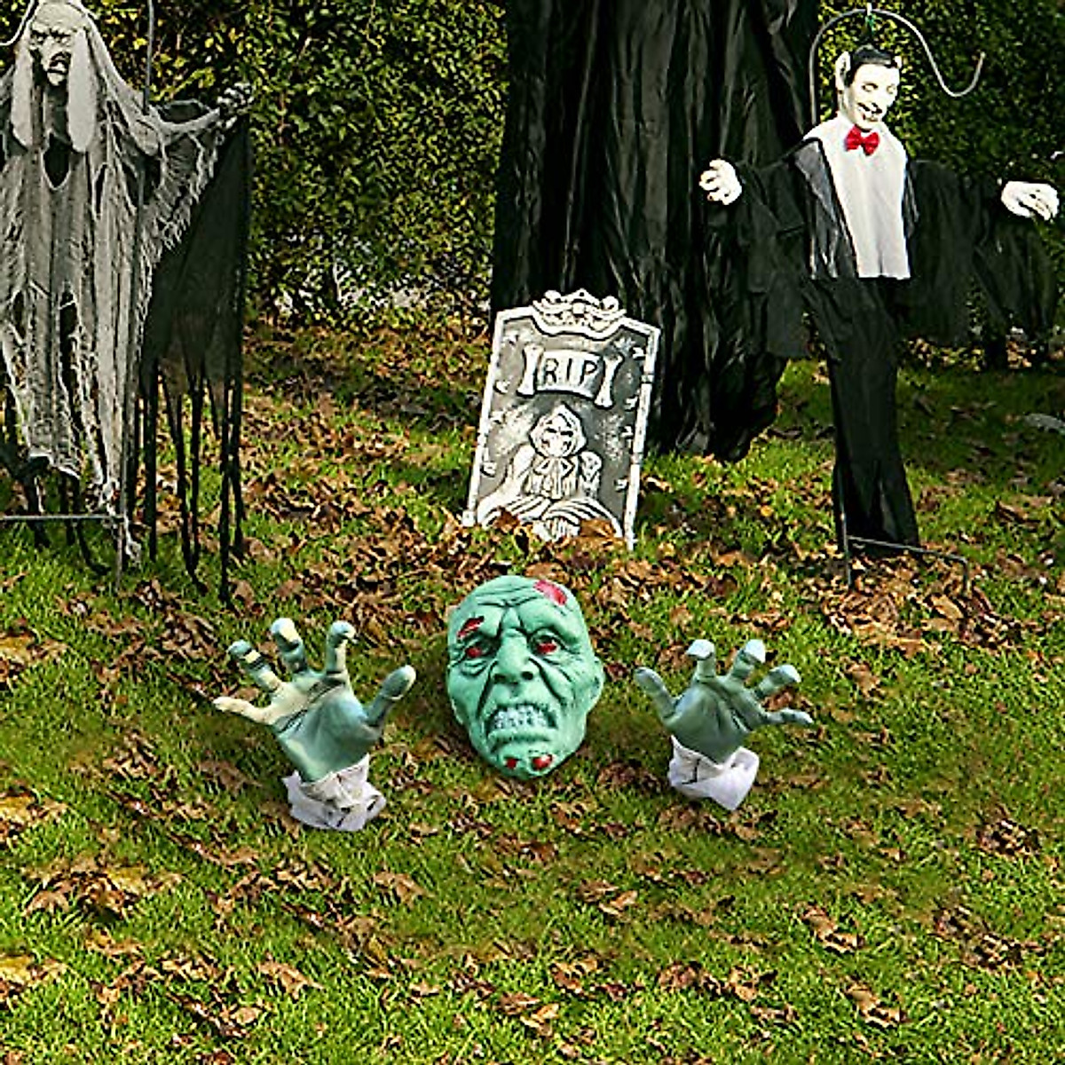 Heyzeibo Halloween Decorations - Halloween Realistic Zombie Face and Arms Lawn Stakes - Green Skeleton Bone Head and Hands Garden Yard Stakes for Haunted House Graveyard, Cemetery, Coffin Party