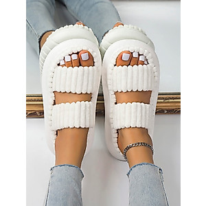 OYOANGLE Women's Solid Minimalist Stripe Fuzzy Bedroom Slippers Fashion Warm Furry Open Toe House Slipper White CN42-43