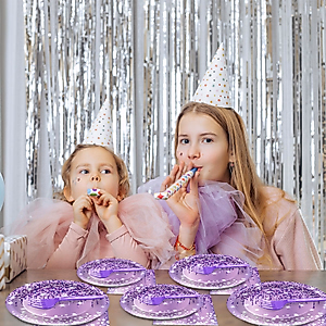 200PCS Purple Birthday Party Plates and Napkins Purple And Silver Birthday Party Decorations Purple Silver Party Tableware Set Serves 50 Guests Girls Ladies Women Wedding Birthday Party Favors