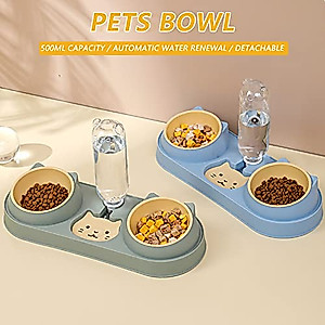Foviza Double Dog Cat Bowls with Water Dispenser Pets Water and Food Bowl Set Tilted Cat Food Dishes with Automatic Waterer Bottle for Small or Medium Size Dogs Cats
