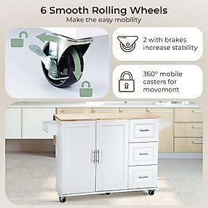 Unovivy Large Kitchen Island Cart with Drop Leaf, Kitchen Island with Storage, Rolling Kitchen Island with Adjustable Shelf Inside Cabinet, 3 Drawers, Spice Rack, Towel Rack and Wood Table Top(White)