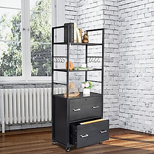 VINGLI 65.7" H 2 Drawer File Cabinet with Lock, Freestanding/Rolling File Cabinets for Home Office, Wood Black File Cabinet with Shelves Compatible with Both Letter and Legal Size Folders