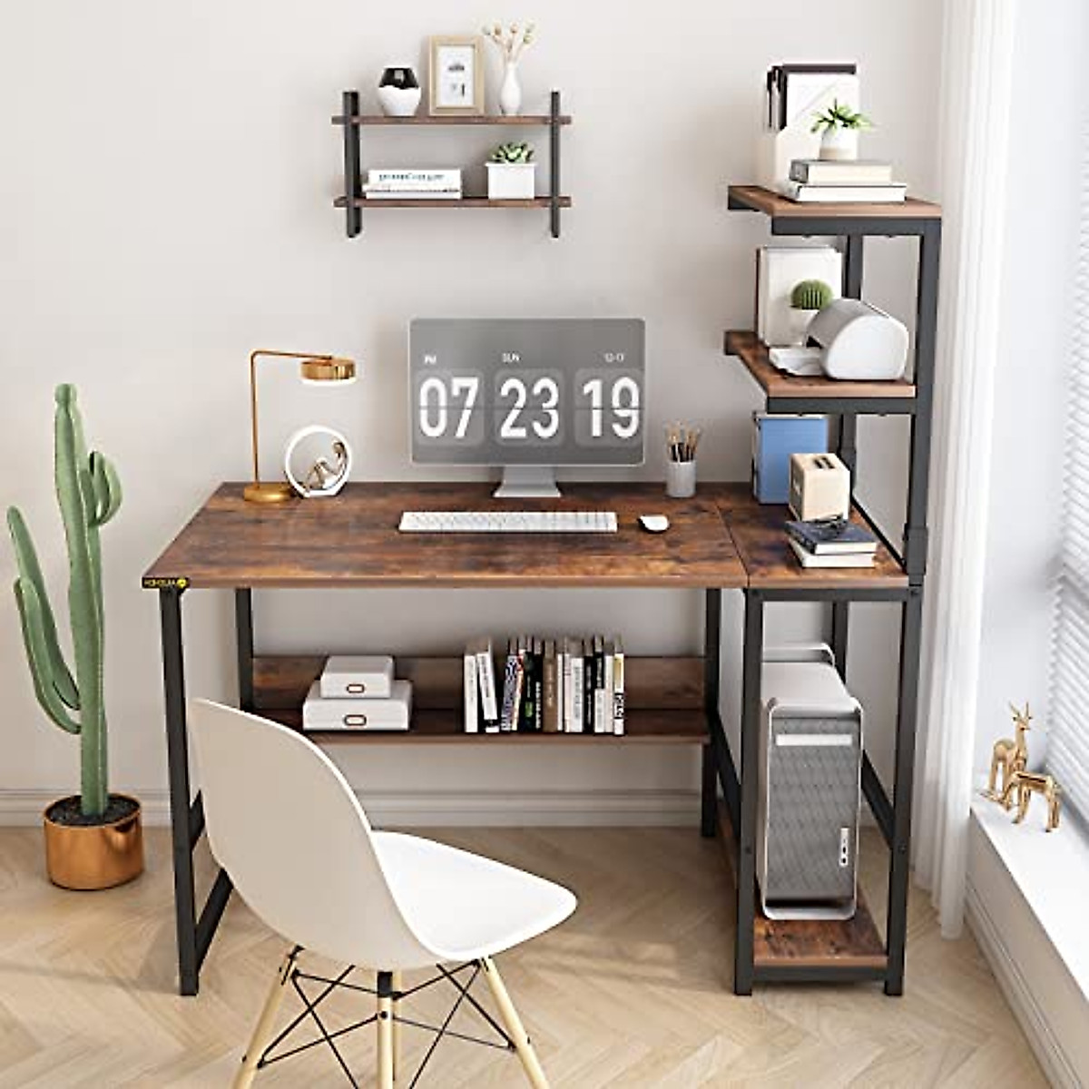 YQ JENMW Computer Desk with 4 Tier Shelves,43.3 Inch Study Table Desk with Storage Shelf,Study Gaming Storage Table Writing Desk with Bookshelf for Home Office Bedroom, Brown