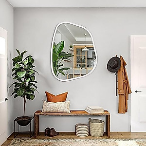Irregular Oval Wall Mirror Large White 20"x16" Inches Asymmetrical Mirror Modern Wood Frame Unique Shape Wall Mounted Vanity Artistic Mirror Decor for Living Room Bedroom Bathroom Entryway Hallway