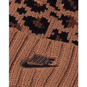 Nike Women's NSW Brown Leopard Print Fleece Lined Cuffed Pom Beanie