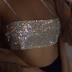 Evild Rhinestone Crop Top Silver Sparkly Party Body Chain Glitter Crystal Bra Jewelry Adjustable Backless Chest Jewelry Club Rave Body Jewelry for Women