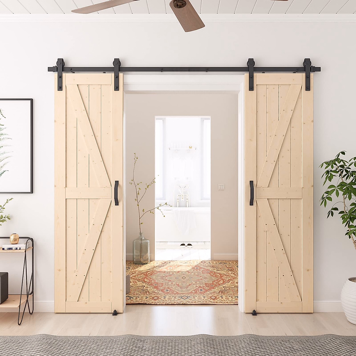 SmartStandard 36in x 84in Sliding Barn Wood Door Pre-Drilled Ready to Assemble, DIY Unfinished Solid Spruce Wood Panelled Slab, Interior Single Door Only, Natural, K-Frame (Fit 6FT-6.6FT Rail)
