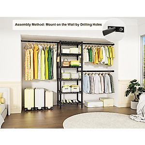 Ulif M5 Wall Mounted Clothes Garment Rack, Heavy Duty Closet Storage and Organizer System with 6 Shelves and 3 Expandable Hanger Rods, Space Saver Suit (46.2-102.4)"W x 14"D x 83.1"H, Black