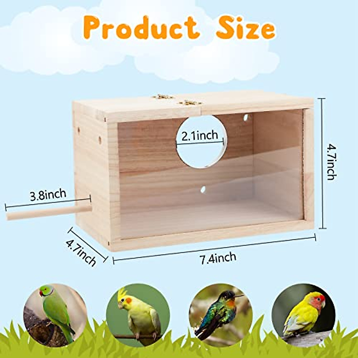 Rypet Parakeet Nesting Box Transparent Design, Bird Nest Breeding Box with Perch Wood Bird Cage House for Cockatiel Lovebirds Budgie Finch Parrotlets Canary