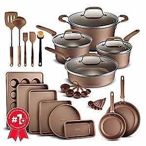 Cookware Set – 23 Piece –Gold Multi-Sized Cooking Pots with Lids, Skillet Fry Pans and Bakeware – Reinforced Pressed Aluminum Metal - Suitable for Gas, Electric, Ceramic and Induction by BAKKEN Swiss