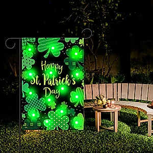 St Patrick's Day Garden Flag with Green Led Lights Good Shamrock Luck Truck Gnome 12 X 18 Inch Double Sided Garden Flag Durable Burlap Shamrock Garden Flag for Lawn Party Outdoor Decorations (Shamrock)