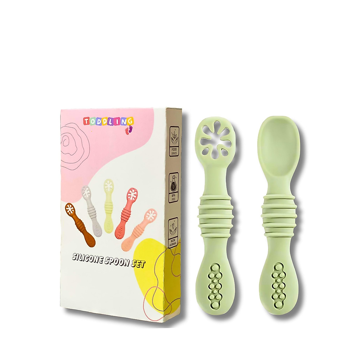 Toddling Silicone Baby Spoon Set, Infant Spoon 3-12 Months, Self-feeding Spoon, Dishwasher and Microwave Safe, First Stage Baby Led Weaning Spoon, Set of 2 (Spoon & Pre-spoon) (Sage), 2.5x11