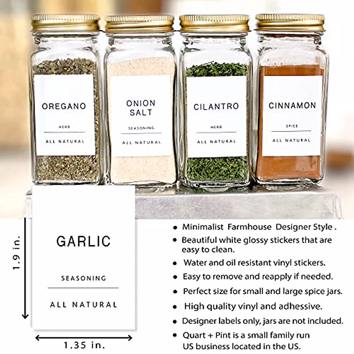 Quart + Pint 140 Glossy Spice Jar Labels: Minimalist White Sticker Black Text. Waterproof Stickers. Organization for Jars Bottles Containers Bins. Storage Rack Systems for Kitchen & Pantry Labels.
